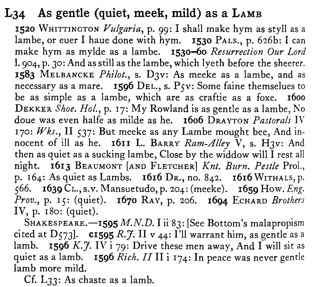 As gentle (quiet, meek, mild) as a LAMB | Tilley's Proverbs