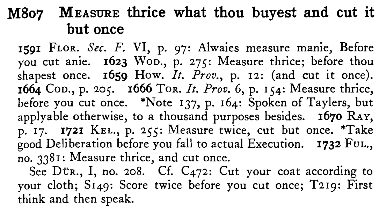 MEASURE thrice what thou buyest and cut it but once | Tilley's Proverbs