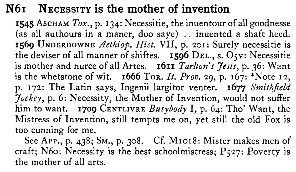 NECESSITY is the mother of invention | Tilley's Proverbs