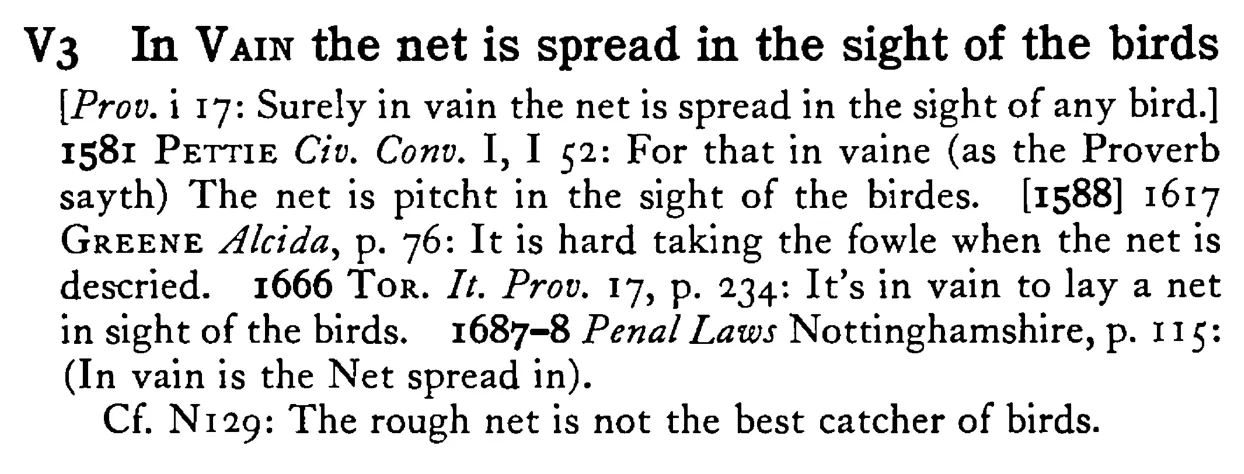 In VAIN the net is spread in the sight of the birds | Tilley's Proverbs